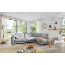 Ecksofa Home Affaire "Enisa XXL B/T/H: 325/224/85 cm L-Form", grau (hellgrau), B:325cm, Cord (88% Polyester / 12% Polyacryl), Sofas, Ecksofa, Kuschelig, gem&uuml;tlich, in 5 Farben, Bezug in Cord, mit 2 Zierkissen
