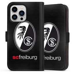 DeinDesign iPhone 13 Pro Handy Klapph&uuml;lle Handyh&uuml;lle aus Kunst Leder schwarz Flip Case Scratch Official Licensed Product Sc Freiburg Sideflip mit Lasche