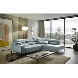 Ecksofa Home Affaire "Claya, L-Form, incl. Kopfteilverstellung, Breite 276 cm", blau (light, blau), B:276cm H:71cm T:219cm, 100% Leder, Sofas, Ecksofa, wahlweise elektrischer Sitzvorzug