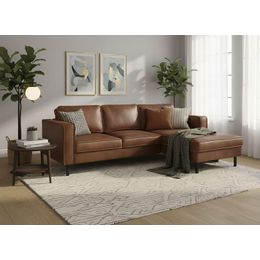 Ecksofa Home Affaire "Watkins, wahlweise mit Schlaffunktion/Bettkasten, moderne offene Naht", braun (cognac), B:232cm H:81cm T:161cm, 50% Leder, 40% Polyester, 10% Polyamid;Backing 60% Leder, Sofas, Ecksofa, Recamiere beidseitig montierbar, L-Form, Breite 232 cm