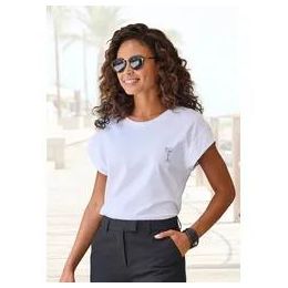 Kurzarmshirt Lascana, Damen, Gr. 32/34, blau (wei&szlig;), Jersey, Obermaterial: 100% Baumwolle, unifarben, figurumspielend h&uuml;ftlang, Rundhals, Shirts, mit dezentem Frontdruck, T-Shirt aus Baumwolle, Printshirt, Basic