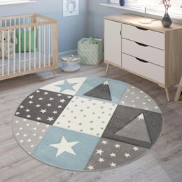 Kinderteppich Paco Home "Cosmo 340", blau, H:17mm &Oslash;:120cm, Polypropylen (PP), Teppiche, Kinderteppich, Kurzflor, Pastell-Farben, 3D Effekt, Motiv Berge, Punkte & Sterne