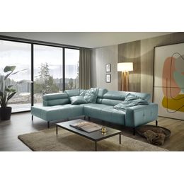 Ecksofa Home Affaire "Claya, L-Form, incl. Kopfteilverstellung, Breite 276 cm", blau (light, blau), B:276cm H:71cm T:219cm, 100% Leder, Sofas, Ecksofa, wahlweise elektrischer Sitzvorzug
