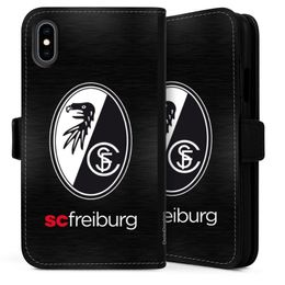 DeinDesign iPhone X Handy Klapph&uuml;lle Handyh&uuml;lle aus Kunst Leder schwarz Flip Case Scratch Official Licensed Product Sc Freiburg Sideflip mit langer Lasche
