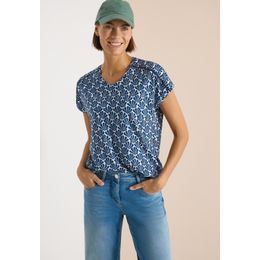 V-Shirt Cecil, Damen, Gr. L (42), universal blau, Web;Stoff;Jersey, 50% Modal, 50% Baumwolle, gemustert, comfort fit normal, V-Ausschnitt, B&uuml;ndchen, Shirts, mit abgerundetem V-Ausschnitt