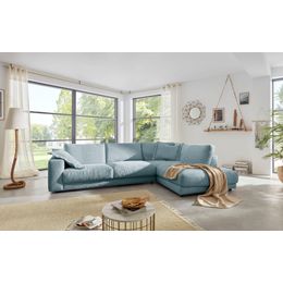 Ecksofa Home Affaire "Enisa XXL B/T/H: 325/224/85 cm L-Form", blau (bleu), B:325cm, Cord (88% Polyester / 12% Polyacryl), Sofas, Ecksofa, Kuschelig, gem&uuml;tlich, in 5 Farben, Bezug in Cord, mit 2 Zierkissen
