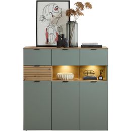 Highboard Innostyle "INA", schilfgr&uuml;n, artisan eiche, B:125cm H:125cm T:45cm, ABS-Kunststoff, Holzwerkstoff, MDF, Metall, Sideboards, Highboard, 3 t&uuml;rig, 4 Schubladen, inkl. Beleuchtung, Softclose