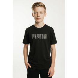 T-Shirt Puma "ESS LOGO LAB STORY 2 TEE B", Jungen, Gr. 128, Puma schwarz, Jersey, Obermaterial: 100% Baumwolle, bedruckt, regular fit normal, Rundhals, Shirts T-Shirt, Regular Fit, Kurzarm, Rundhalsausschnitt, f&uuml;r Jugendliche