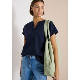 Kurzarmbluse Cecil, Damen, Gr. L (42), universal blau, Web, 75% Baumwolle, 25% Modal, unifarben, klassisch normal, Rundhals, B&uuml;ndchen, Blusen, mit geschlitztem Rundhalsausschnitt