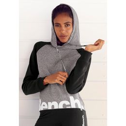 Kapuzensweatshirt BENCH. LOUNGEWEAR, Damen, Gr. 32/34, grau (grau, schwarz), Sweatware, Obermaterial: 60% Baumwolle, 40% Polyester, mehrfarbig, meliert, unifarben, Basic, Basic taillenbedeckt, ohne Ausschnitt, B&uuml;ndchen, Sweatshirts Sweatshirt Hoodie, mit farblich abgesetzten &Auml;rmeln und Logodruck, Loungeanzug, Hoodie