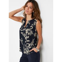 Blusentop bonprix, Damen, Gr. 44, dunkelblau, kieselbeige floral, Web, Obermaterial: 100% Viskose, bedruckt, gebl&uuml;mt, festlich, figurumspielend h&uuml;ftlang, Rundhals, Blusen Blusentop, figurumspielend, Ausschnitt mit Schlitz, kleine Seitenschlitze