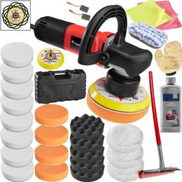 TecTake&reg; 28-teiliges Exzenter Poliermaschinen-Set, 710 W, mit Bogenhandgriff und zus&auml;tzlichem Stabgriff, inklusive Lackpolitur, 2 Mikrofasert&uuml;chern, Wischer, Schwamm, Handschuh, 2 Ersatzkohlen und Transportkoffer