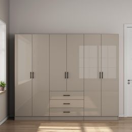 Kleiderschrank OTTO HOME "Trento Schlafzimmerschrank Garderobe hochglanz", sandgrau, B:240cm H:200cm T:52cm, FSC-zertifizierter Holzwerkstoff, Schr&auml;nke, Kleiderschrank, Schrank mit 6 T&uuml;ren und 3 Schubladen, h&ouml;chgl&auml;nzende Fronten