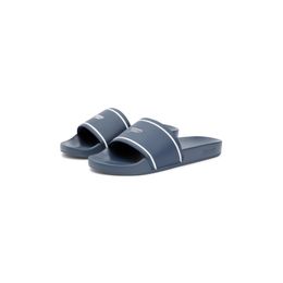 Badepantolette Tommy Jeans "TJW POOLSLIDES", Damen, Gr. 35, blau, Lederimitat, unifarben mit Farbeinsatz, Basic, Schuhe, Strandschuh, Pantolette, Flat mit Kontraststreifen