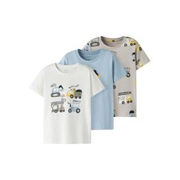 T-Shirt name it "NMMDANNY 3P SS TOP", M&auml;dchen, Gr. 116, cloud dancer pack:blau fog, chateu gray, Jersey, Obermaterial: 100% Baumwolle, bedruckt, geringelt, unifarben, normal normal, Rundhals, Shirts T-Shirt