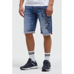 Jeansshorts CAMP DAVID, Damen, Gr. 29, Kurz, mid blau jogg, Sweatware, Material: 68% Baumwolle, 16% Polyester, 14% Lyocell, 2% Elasthan, Zusatz: Enth&auml;lt nichttextile Teile tierischen Ursprungs (Badge), bedruckt, comfort fit, Jeans Jeansshorts, mit Turn-Up Saum