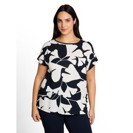 Kurzarmshirt Tom Tailor PLUS, Damen, Gr. 44, big navy ginkgo, Single Jersey, Obermaterial: 100% Viskose, gemustert, normal h&uuml;ftbedeckend, Rundhals, Shirts, Sommershirt mit grafischem Muster - Gro&szlig;e Gr&ouml;&szlig;en
