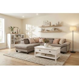 Ecksofa Home Affaire "Pilot L-Form", grau (sand), B:266cm H:73cm T:108cm, 100% Polyester; Feinstruktur 75000 Scheurtouren; Struktur 35000 Scheuertouren, Mikrofaser 40000 Scheuertouren, Sofas, Ecksofa, mit Kopfteilverstellung, wahlweise mit Bettfunktion & Bettkasten