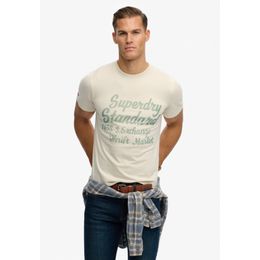 Rundhalsshirt Superdry "Industry Worker Relaxed Tee", Damen, Gr. L, oatmeal beige, Single Jersey, Obermaterial: 100% Baumwolle, bedruckt, regular fit normal, Rundhals, Shirts Rundhalsshirt
