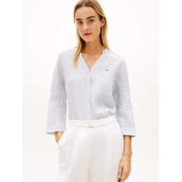 Shirtbluse Tommy Hilfiger "ESS LINEN COLLARLESS SHIRT", Damen, Gr. L (42/44), chalk stp ecru blau orbit, Web, Obermaterial: 100% Leinen, gestreift, gerade normal, V-Ausschnitt, Blusen, mit Logo-Stickerei