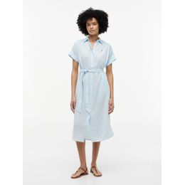Hemdblusenkleid Tommy Hilfiger "LINEN BELTED KNEE SS SHIRT DRESS", Damen, Gr. L (42/44), N-Gr, keepsake blau, Web, Obermaterial: 100% Leinen, unifarben, regular fit knielang, Kleider, mit Bindeg&uuml;rtel