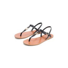 Riemchensandale Tommy Hilfiger "LEATHER THONG SANDAL", Damen, Gr. 36, schwarz, Leder, unifarben, Basic, Schuhe Riemchensandale, Sommerschuh, Sandalette mit Schmucklogo