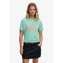 Print-Shirt Superdry "ROADSIDE TRADE RELAXED TEE", Damen, Gr. L, rich turquoise, Single Jersey, Obermaterial: 100% Baumwolle, bedruckt, relaxed fit normal, Rundhals, Shirts