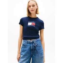 T-Shirt Tommy Jeans "TJW SLIM WAVY FLAG TEE EXT", Damen, Gr. L (40), schwarz night navy, Single Jersey, Obermaterial: 100% Baumwolle, bedruckt, slim fit h&uuml;ftlang, Rundhals, abgesteppte Kante, Shirts T-Shirt, mit Rundhalsausschnitt