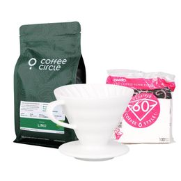 Coffee Circle Hario v60 & Kaffee im Set, 250 g Kaffee nach Wahl, ganze Bohne, Handfilter aus Porzellan, Klassiker aus Japan, inklusive Papierfilter