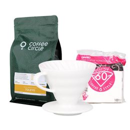 Coffee Circle Hario v60 & Kaffee im Set, 250 g Kaffee nach Wahl, ganze Bohne, Handfilter aus Porzellan, Klassiker aus Japan, inklusive Papierfilter