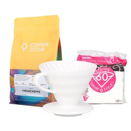 Coffee Circle Hario v60 & Kaffee im Set, 250 g Kaffee nach Wahl, ganze Bohne, Handfilter aus Porzellan, Klassiker aus Japan, inklusive Papierfilter