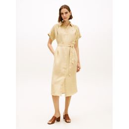 Hemdblusenkleid Tommy Hilfiger "LINEN BELTED KNEE SS SHIRT DRESS", Damen, Gr. L (42/44), N-Gr, beige (harvest wheat), Web, Obermaterial: 100% Leinen, unifarben, regular fit knielang, Kleider, mit Bindeg&uuml;rtel