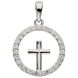 Kreuzanh&auml;nger Jobo "Kreuz im Kreis Silberkreuz 16 mm", silber 925, wei&szlig;, Schmuckanh&auml;nger, Damen, Silber 925 (Sterlingsilber), 925 Silber mit 27 Zirkonia