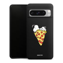 DeinDesign Google Pixel 8 Pro Handy Premium Silikon H&uuml;lle Handyh&uuml;lle schwarz Case Peanuts Pizza Snoopy Silikon Premium Case