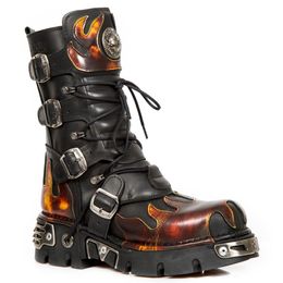 New Rock Flame Akzentuierte schwarz/rote Lederstiefel &ndash; 591-S1