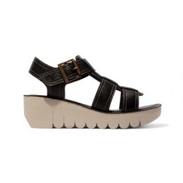 Fly London Damen YUDD236FLY Schwarze Mousse Ledersandalen Espadrille Plateau Wedges