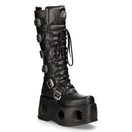 New Rock M-272-S2 Neptuno Metallic Kniehohe schwarze Gothic-Stiefel aus Leder