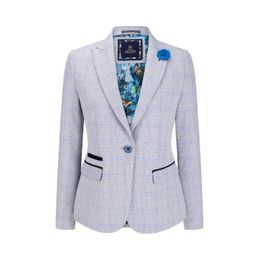 Blau karierter Damen-Blazer aus Wollmischung mit Fischgr&auml;tenmuster