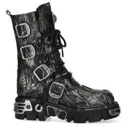 New Rock M-591-C63 Halbhohe Gothic-Stiefel aus schwarzem Stahlleder mit Metallic-Effekt