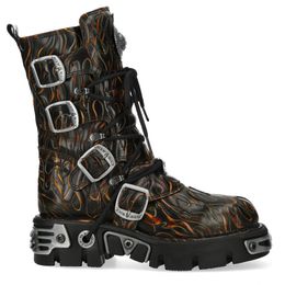 New Rock M-591-C62 Halbhohe Gothic-Stiefel aus schwarzem Flammenleder mit Metallic-Effekt
