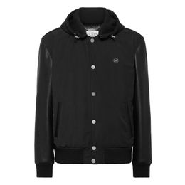Philipp Plein Nylon & Leather Varsity Bomber Hooded Jacket