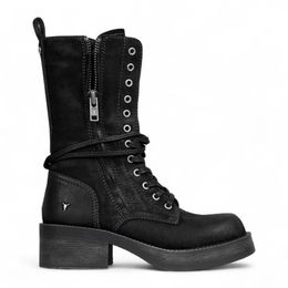 Windsor Smith Windsorsmith Damen-Kampfstiefel aus schwarzem Wildleder, halbhohe Schn&uuml;rstiefeletten, Bikerschuhe &ndash; Gather