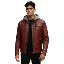 Herren Ox Red Kapuzenjacke aus burgunderrotem Biker-Lammleder - Ingham