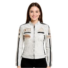 Wei&szlig;e Damen-Lederjacke mit Rennabzeichen f&uuml;r Biker &ndash; Dalby