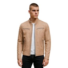 Beigefarbene, moderne, klassische gesteppte Bikerjacke aus Leder f&uuml;r Herren &ndash; Mackay