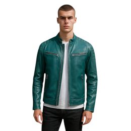 Moderne, klassische, gesteppte Bikerjacke aus Leder f&uuml;r Herren in Gr&uuml;n &ndash; Mackay