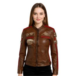 Damen-Bikerjacke aus hellbraunem Leder mit Rennabzeichen &ndash; Dalby