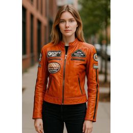 Damen Orange Biker Racing Badges Lederjacke-Eastleigh
