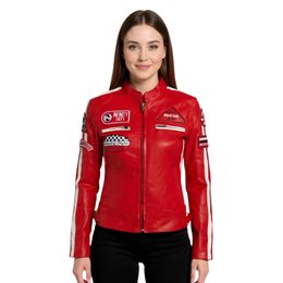 Rote Damen-Lederjacke mit Rennabzeichen f&uuml;r Biker &ndash; Dalby