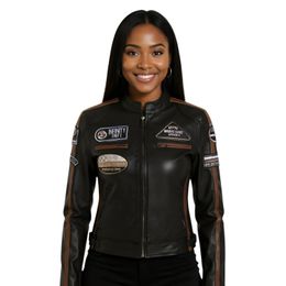 Schwarze Damen-Lederjacke mit Rennabzeichen f&uuml;r Biker &ndash; Dalby